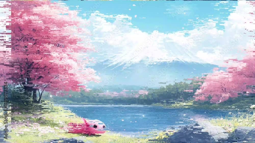 Cute chibi axolotl enjoys a peaceful moment surrounded by blooming ...