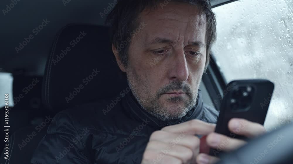 Stockvideo Portrait of concerned worried male driver using mobile phone ...