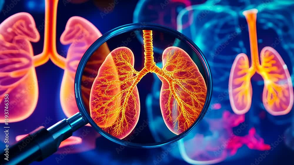 Hand holds magnifying glass examining vivid digital image lungs ...