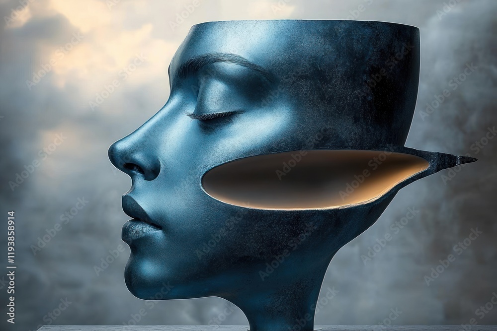 Photo & Art Print Surreal Blue Face Sculpture Emerging from Darkness ...