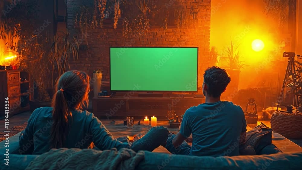 Couple on Couch with Green Screen TV: A young couple relaxes on a plush ...