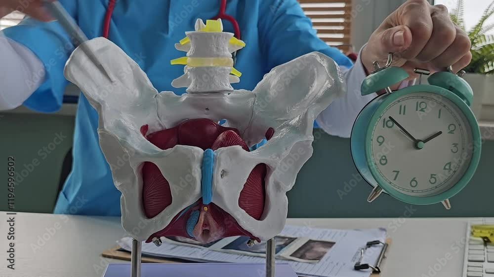 Model of female pelvis with clock in clinic. Diagnosis of pelvic organs ...