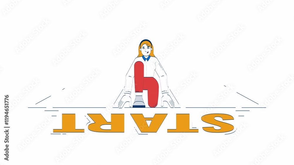 Caucasian blonde businesswoman kneeling at starting line 2D character ...