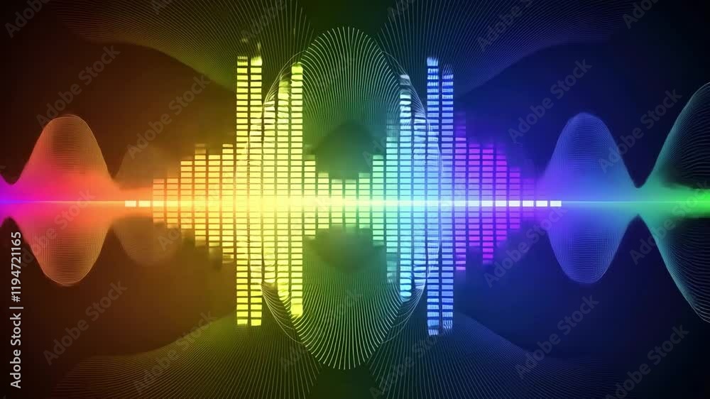 A vibrant, abstract visualization of sound waves, depicted in a ...