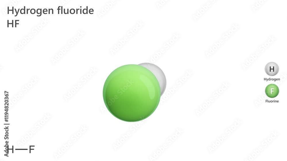Hydrogen Fluoride. Colorless gas or fuming liquid. Animated 3D model of ...