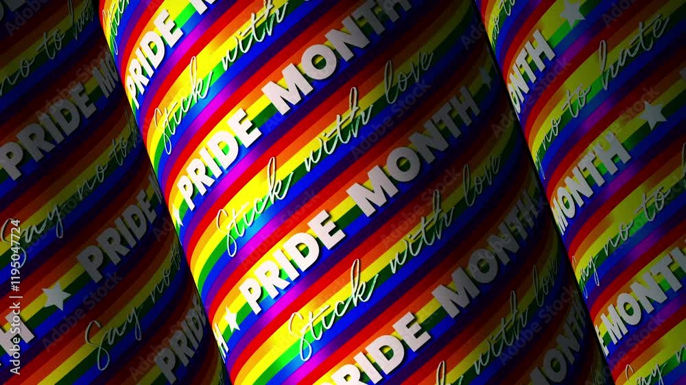 loop animation Pride Month text 3D tube on rainbow paper pattern title ...