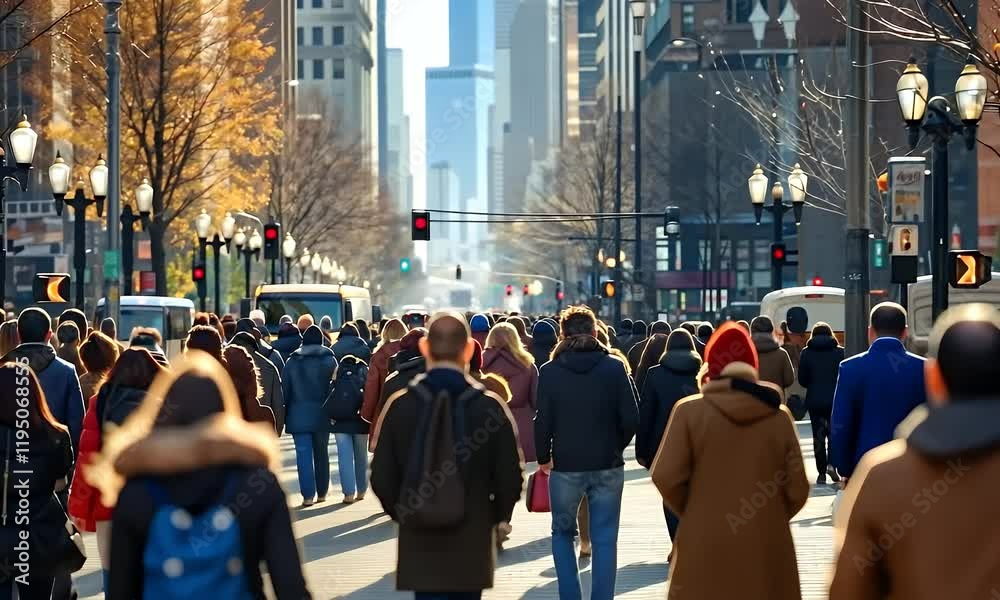 A bustling city street filled with people commuting under warm sunlight ...