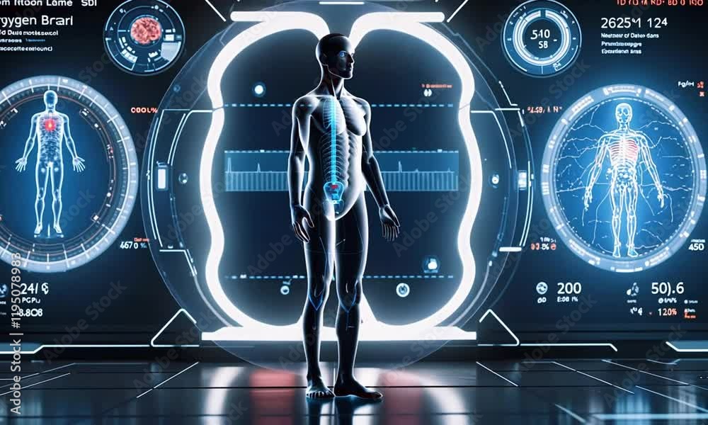 A futuristic HUD showing a real-time scan of a human body, with vitals ...