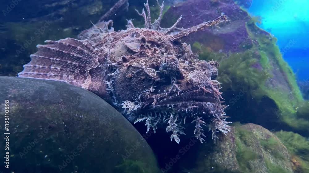 Big fish close-up swims in a large aquarium behind glass. Large scale ...