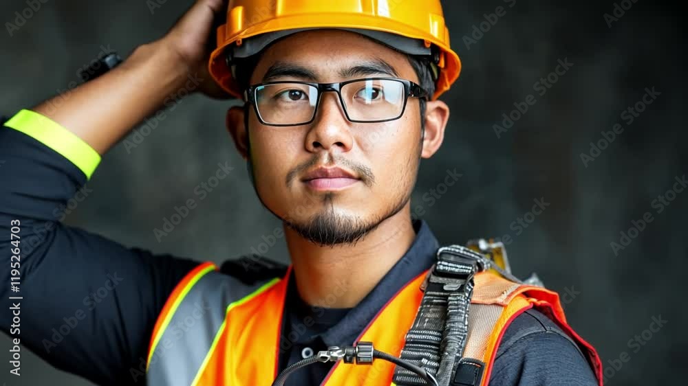 A safety engineer poses for a portrait, equipped with modern tools and ...