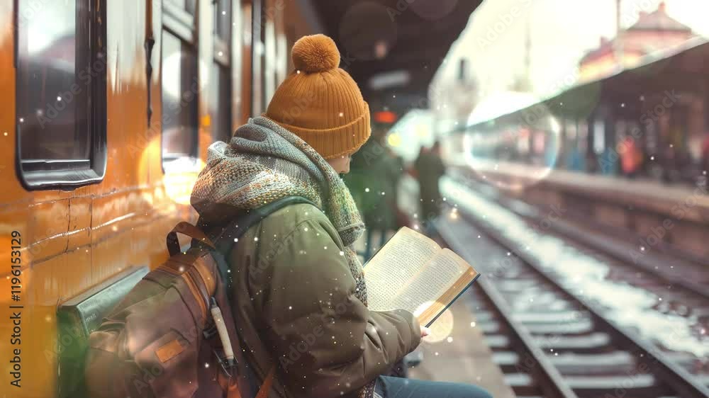 reading a book while waiting for the train with orb of light and dust ...