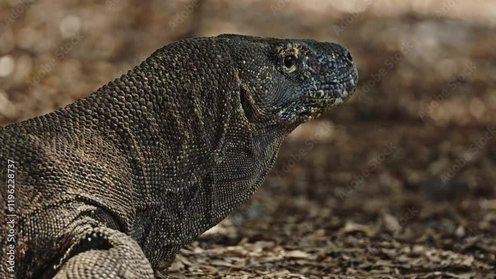 Monitor lizard lying in shade on ground between the trees. Sunshine ...
