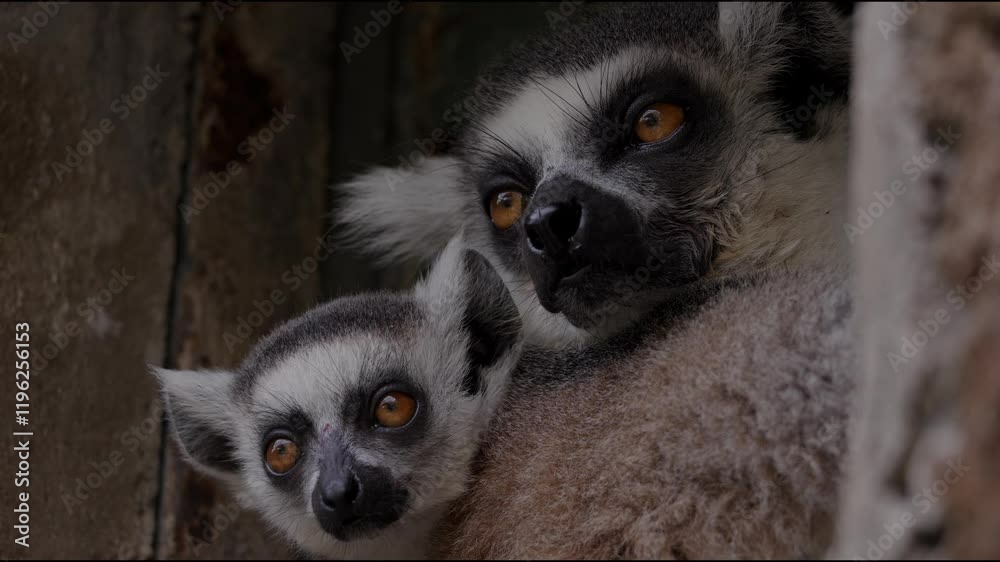 lemur family female with cub, ring-tailed lemurs, Tenerife, wildlife ...