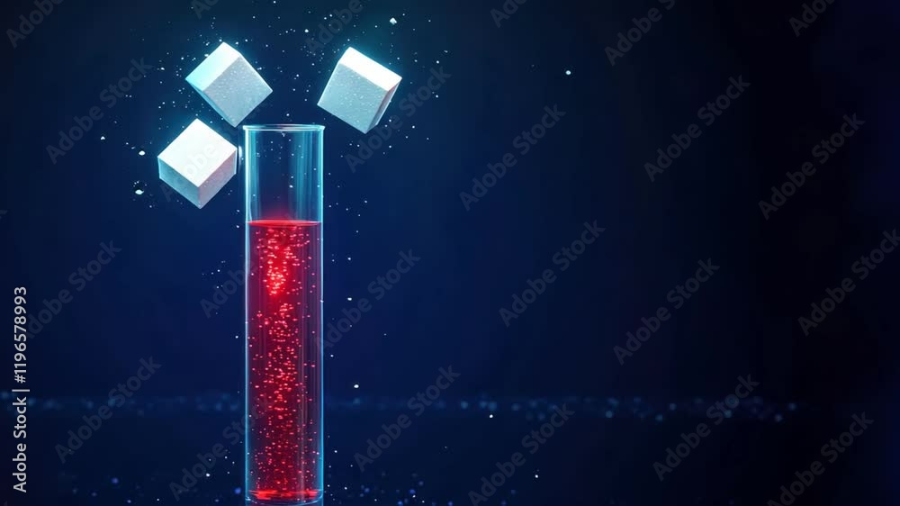 Test tube filled with red liquid and three white cubes floating in dark ...