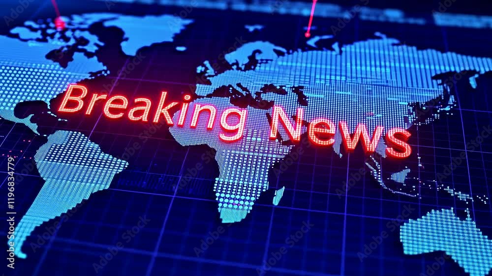 Close-digital world map display.Glowing text'Breaking News'screen ...