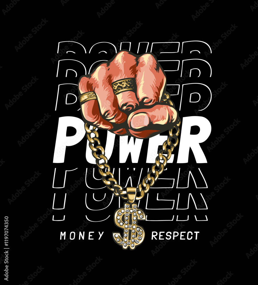 power slogan with hand holding golden necklace vector illustration on ...
