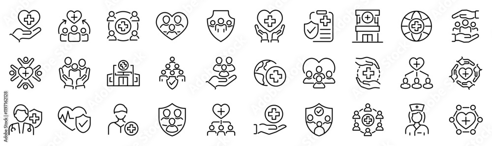Set of 30 outline icons related to public health. Linear icon ...