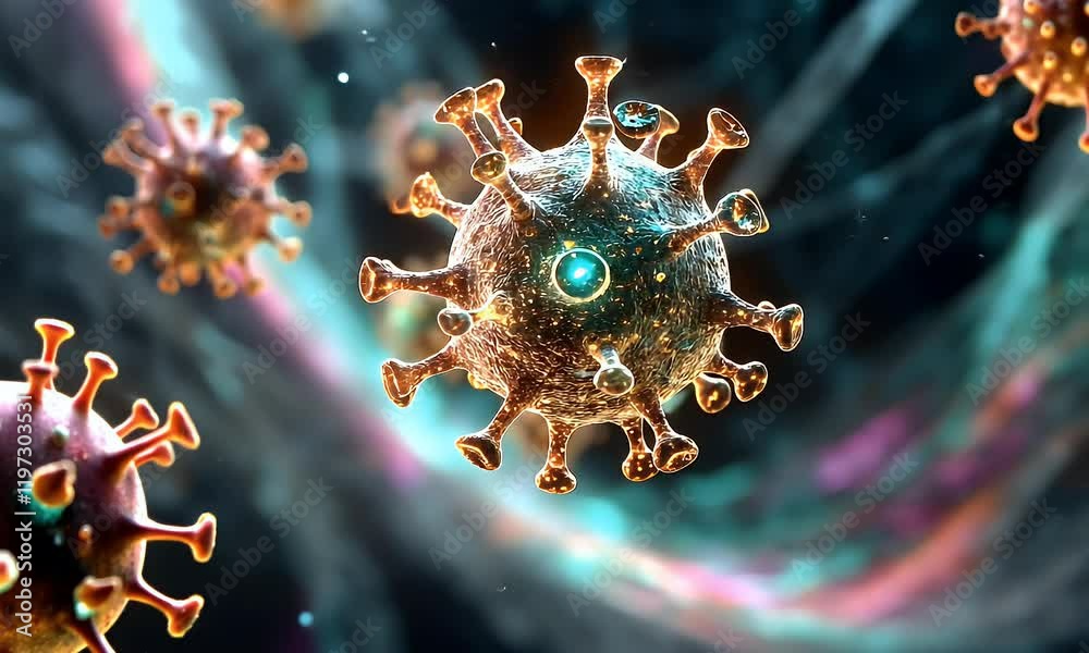 This image depicts a detailed, artistic representation of viruses in a ...