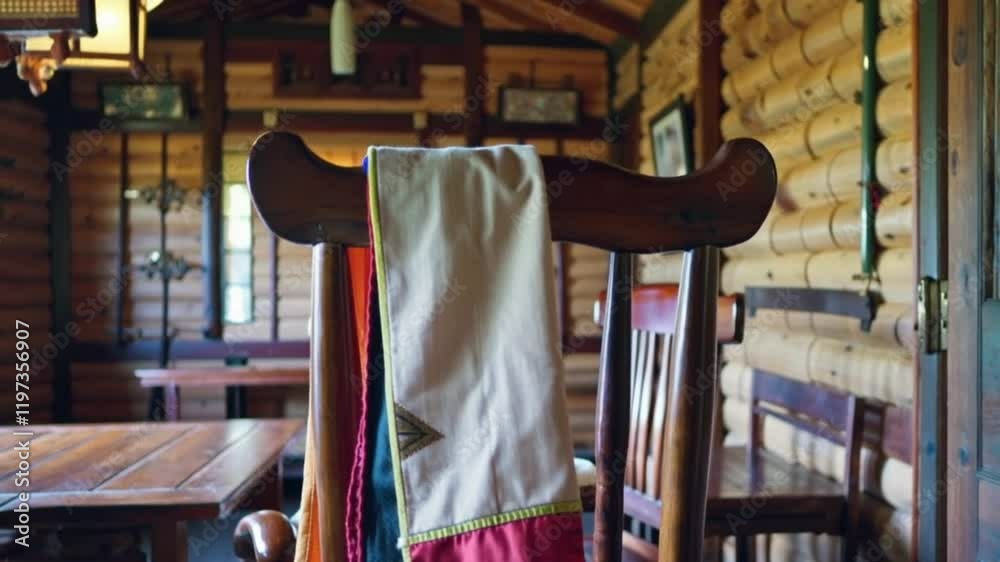 Métis sash draped over empty chair in rustic cabin interior.symbol of ...
