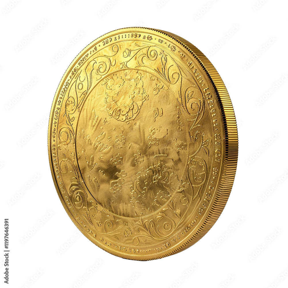Poster A gold coin with intricate designs and inscriptions is shown on ...