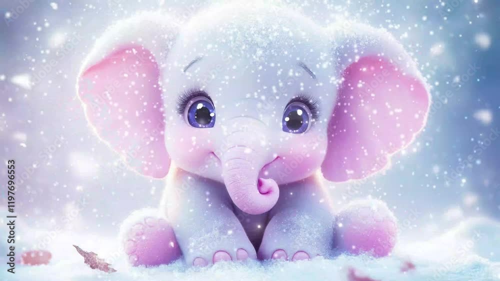 A playful lavender baby elephant enjoys the snow, radiating joy and ...