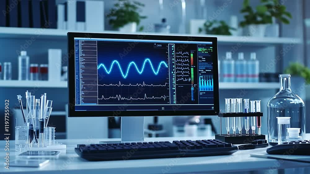 A modern lab desk with a D DNA helix projection above a sleek computer ...