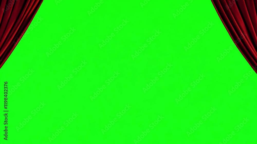 Deep red velvet curtains opening to a vibrant green chroma key backdrop ...