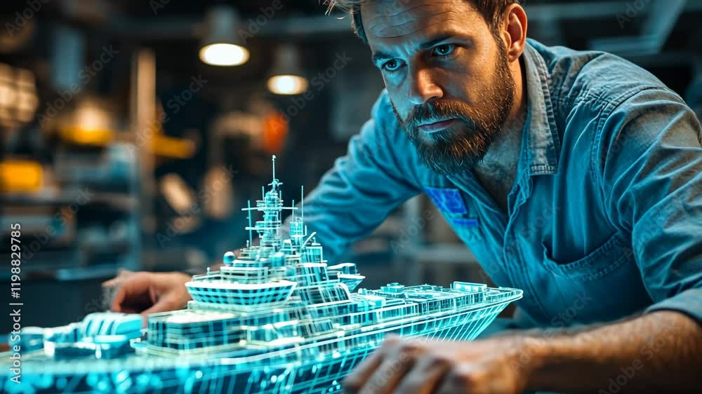 Naval Architect Designing Warship with Holographic Projection ...
