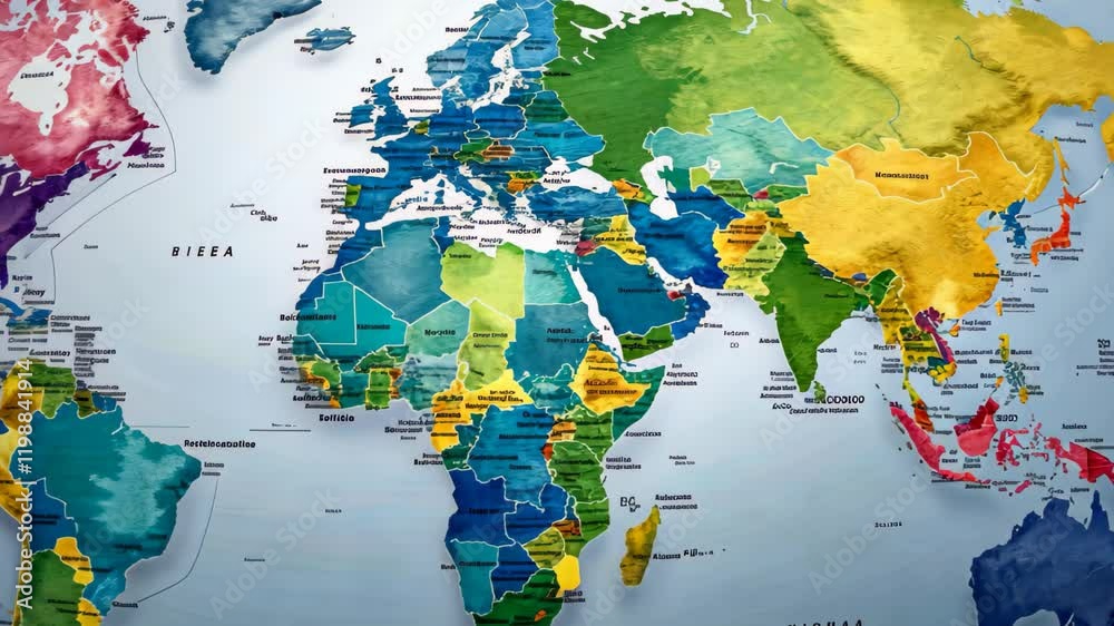 Explore a colorful political world map with vibrant regions, clearly ...