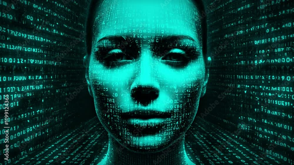 Female face composed of glowing binary code symbols immersed in a digital matrix. Futuristic ...