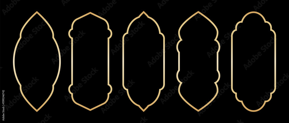 Poster Golden gradient Islamic, arab line arch vector window icon set ...