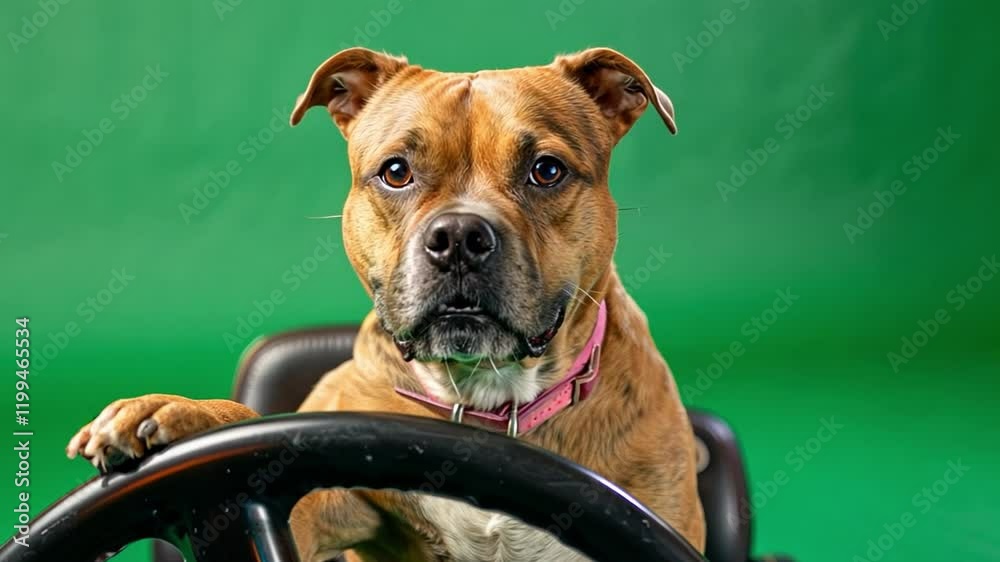 Dog Driving: A brown and white dog with a pink collar sits behind the ...