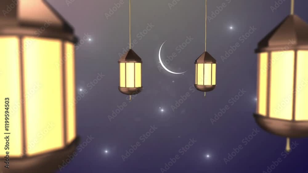 Hanging lanterns animation moving forward with moon and star on green ...
