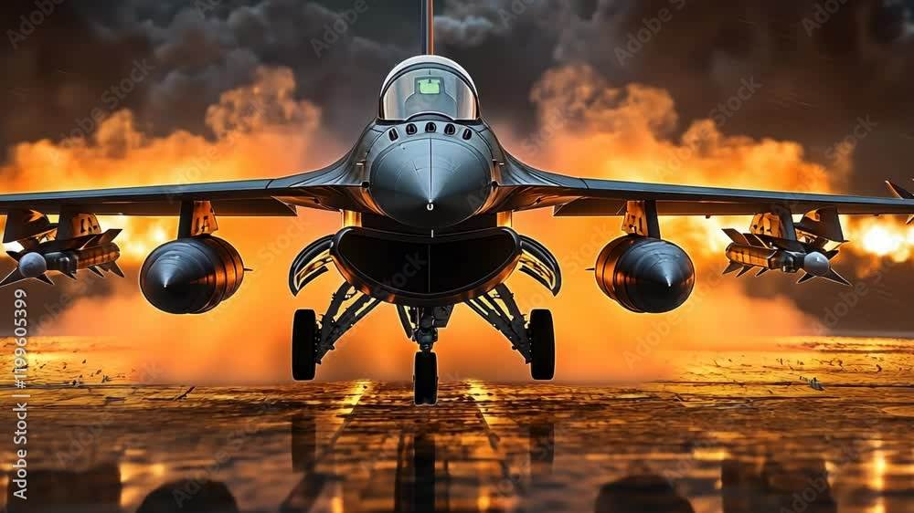 F-16 Fighting Falcon Jet Fighter Taking Off at Sunset, military ...