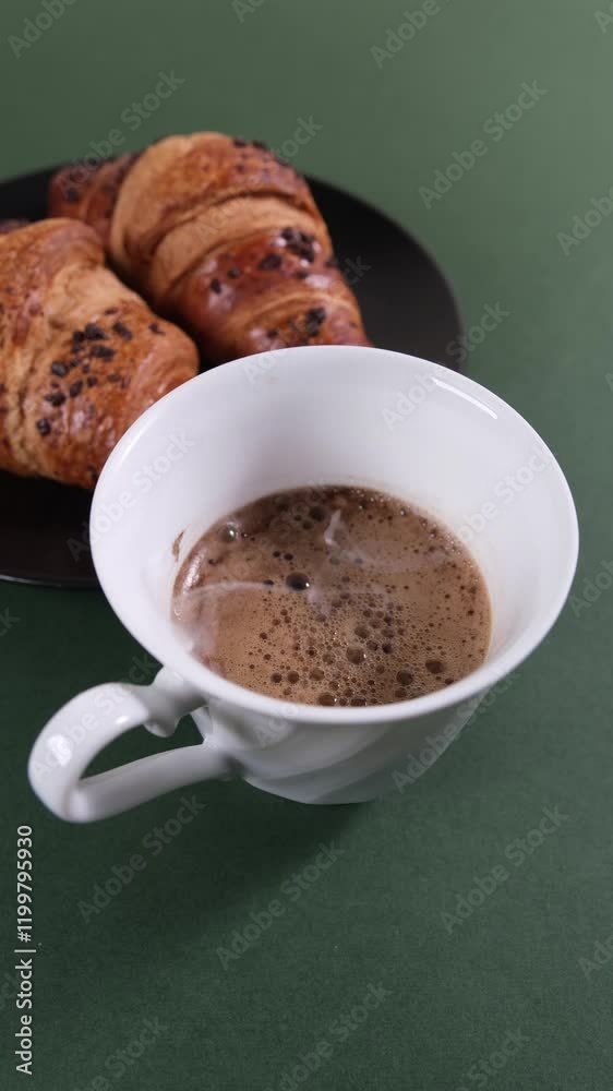 tazza di caffè fumante e piatto con cornetti su sfondo verde, video ...