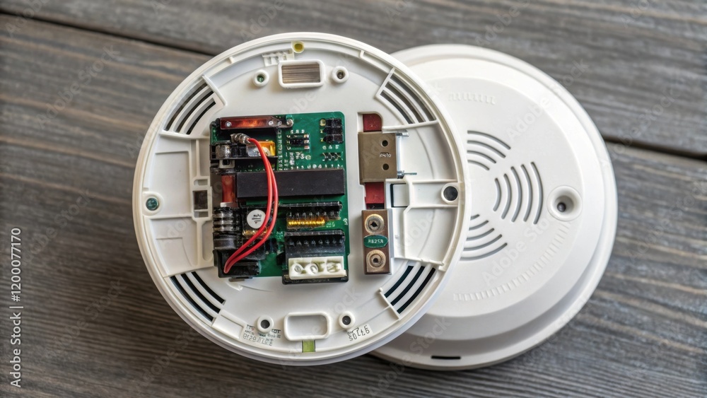 Poster A closeup image of a smoke detector with its cover removed ...