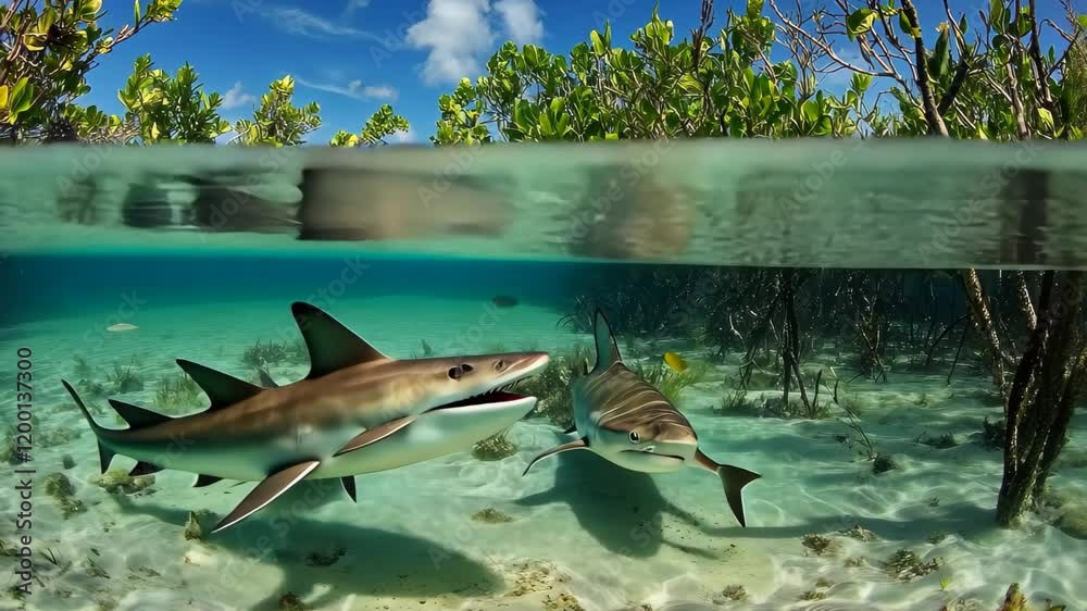 Juvenile lemon sharks swim in shallow waters beneath the mangroves in ...