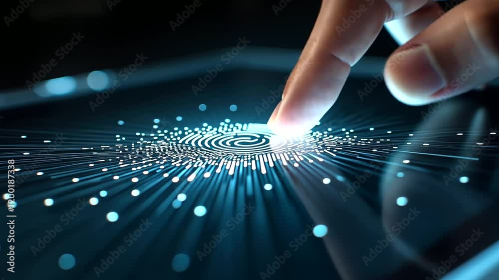 A close-up of a hand gently touching a sleek tablet screen, a glowing ...