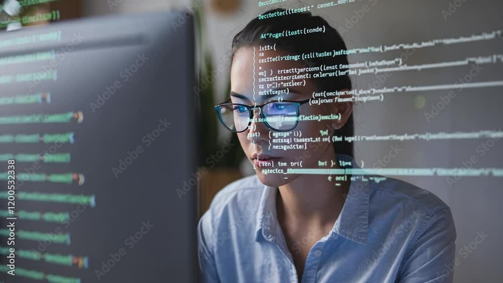 Focused Programmer: A female programmer, wearing glasses, intensely ...