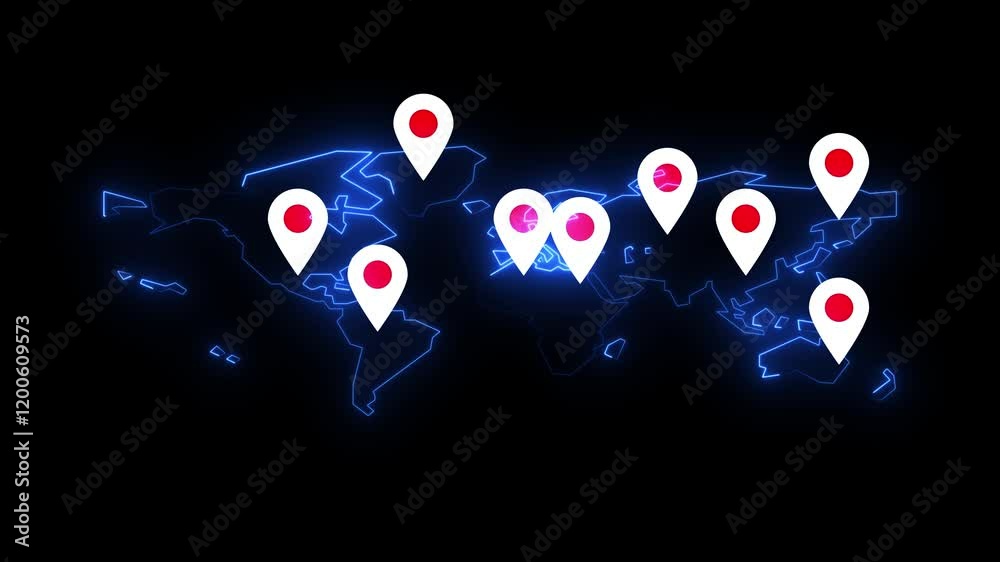 World map with blue location markers indicating. Abstract neon world. map animation with ...