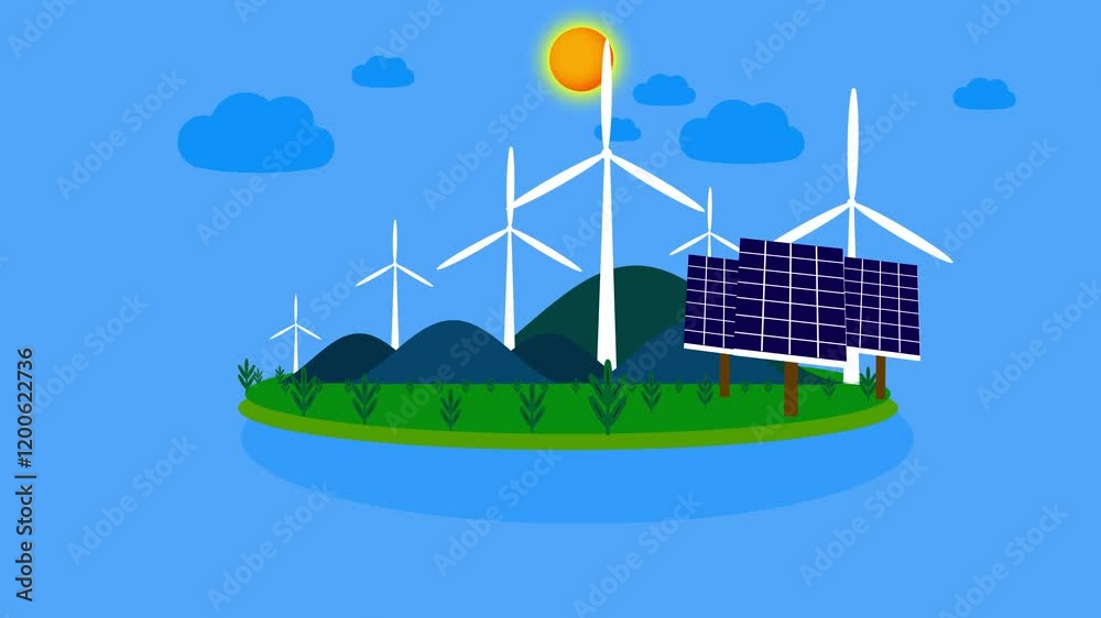 Animated wind turbine concept. wind cloud and sun animation, eco city ...