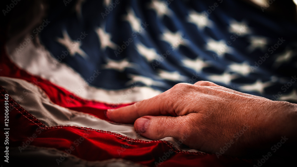 Poster hand resting on United States flag american red white blue ...