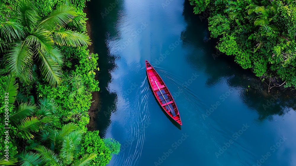 Red Canoe on Lush Tropical River: An Aerial View Stock Photo | Adobe Stock