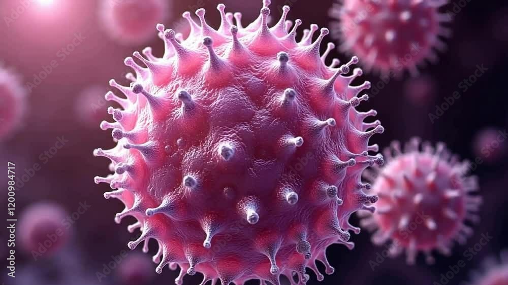 enlarged illustration of the virus. The virus has a spherical shape ...
