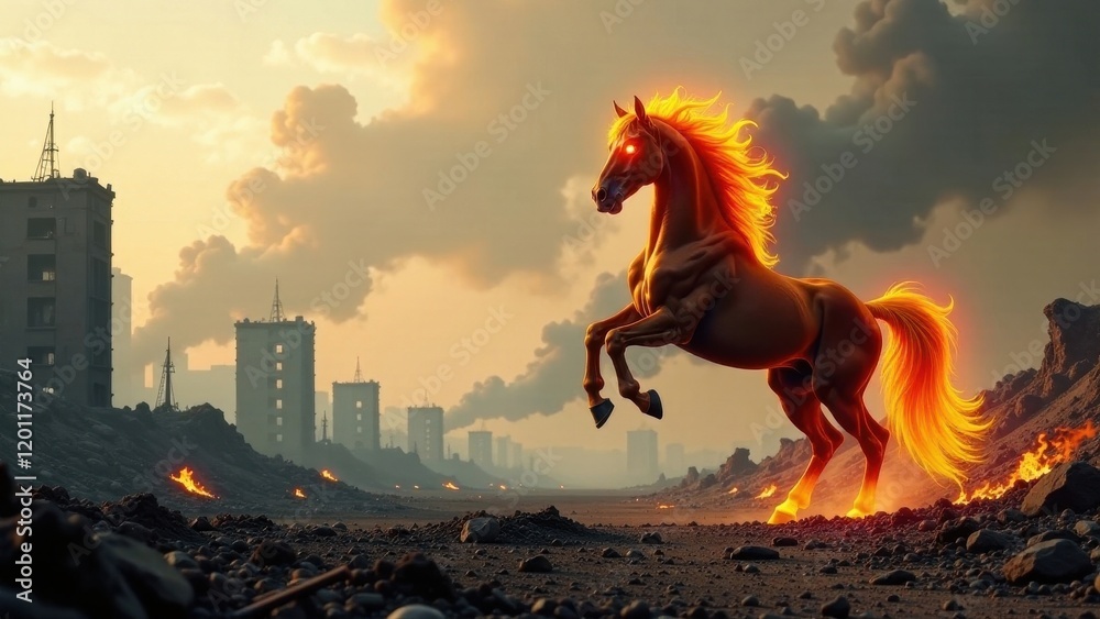 Photo & Art Print Fiery steed rising from a desolate industrial ...