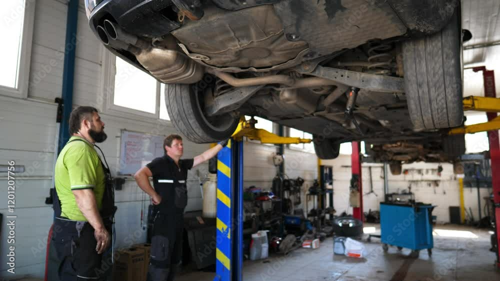 Male auto mechanics doing technical inspection and diagnostic of ...