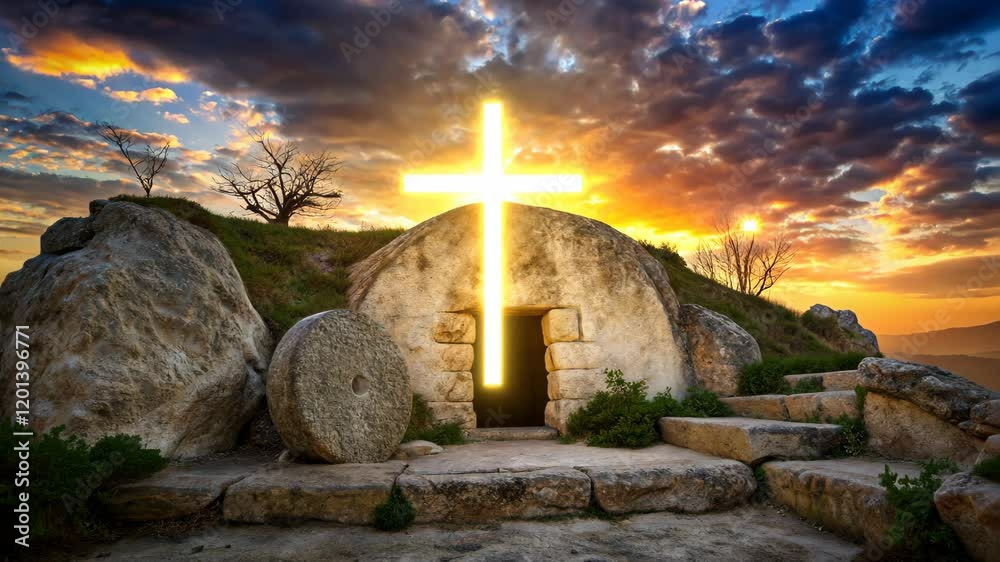 Empty tomb of Jesus Christ illuminated by rays of setting sun, Easter ...