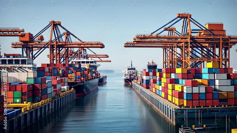 Busy port with large cargo ships docked at piers, numerous orange ...