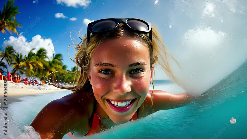 Dynamic young swimmer with bright smile caught in ocean wave splash at ...
