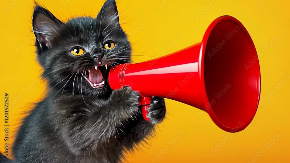 Kitten shouting red megaphone.Small black cat announces loudly.Studio ...